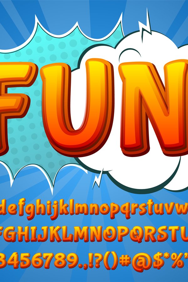 Fun comic font. Funny typeface, 3d colorful letters and cart