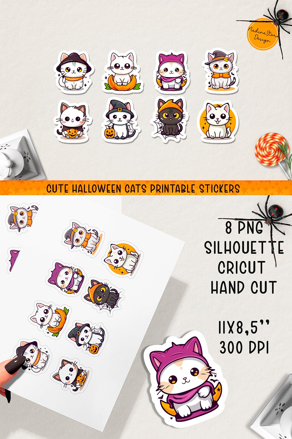 Cute Halloween cats printable stickers. PNG, JPG.