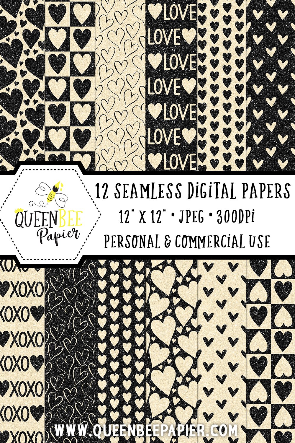 Black & Gold Glitter Heart Digital Paper Pack