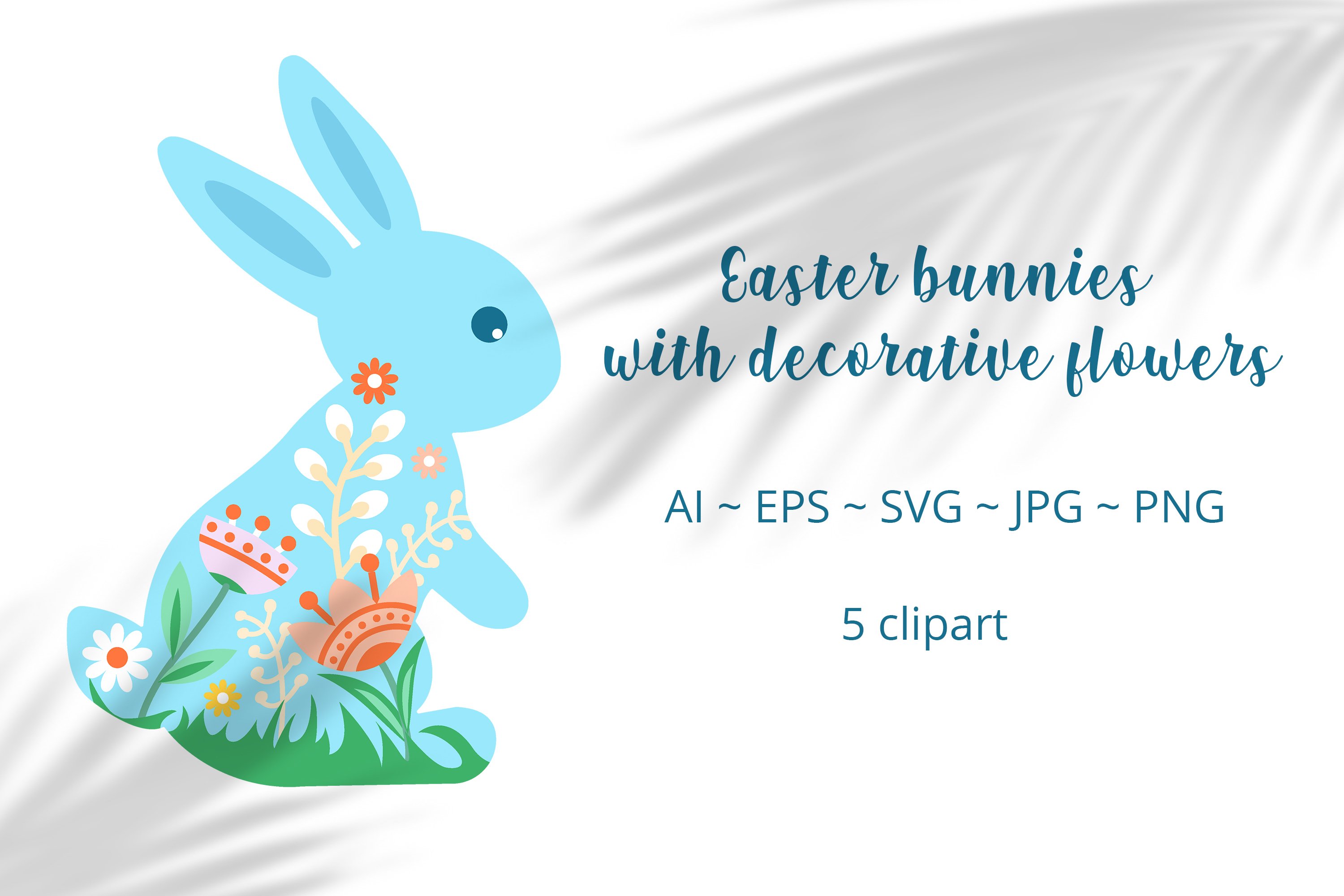 Easter rabbits with decorative flowers. Vector clipart