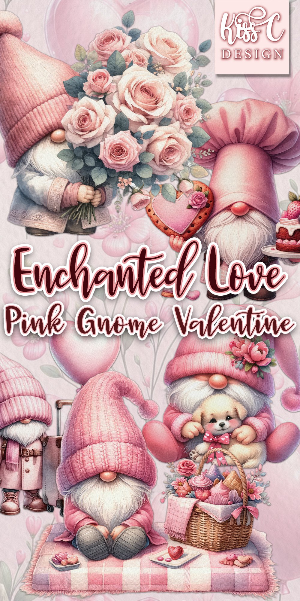 Pink Valentine Gnome Enchanted Love Illustration Clipart.