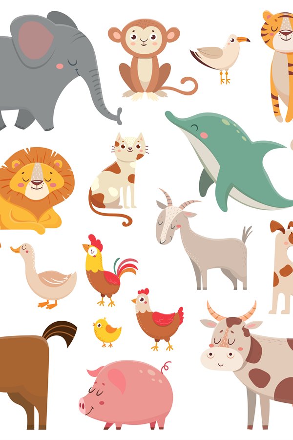 Child cartoons elephant, gull, dolphin, wild animal. Pet, fa