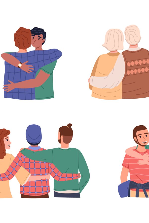 People hug. Men and women different ages and nationalities.