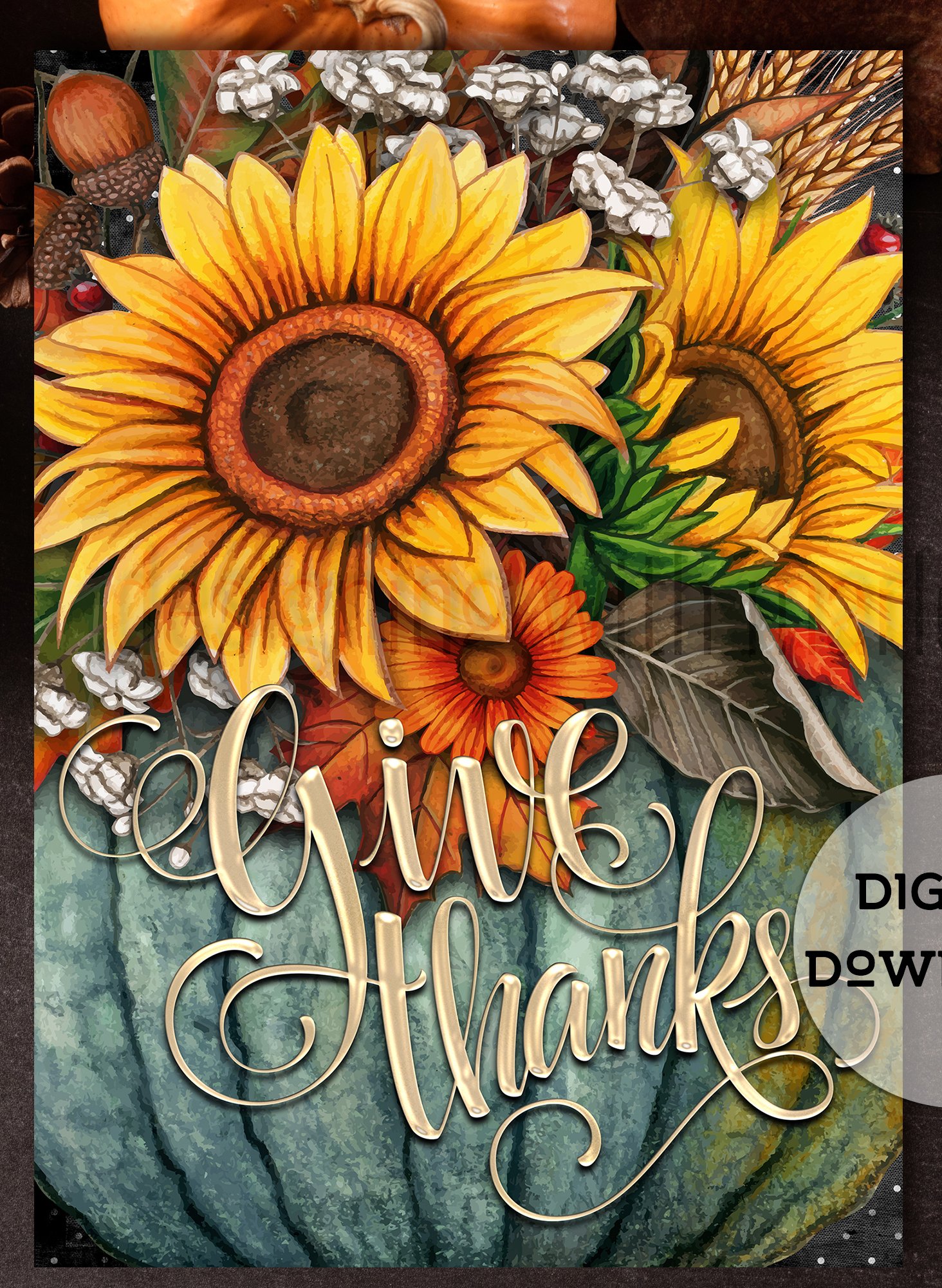 Give Thanks Sunflower Pumpkin 5x7 Thanksgiving Greeting Card