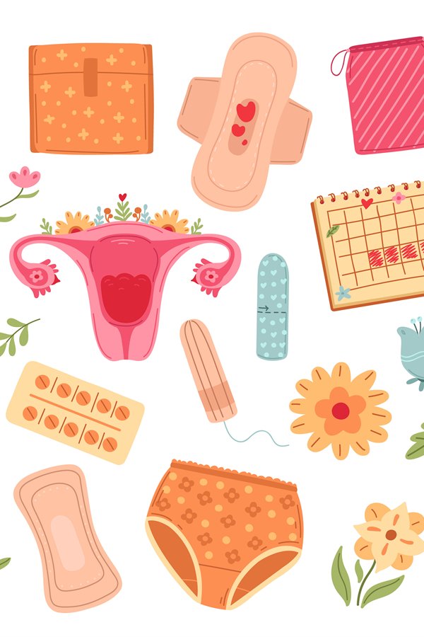 Female hygiene. Menstruation tools, women sanitary pads and
