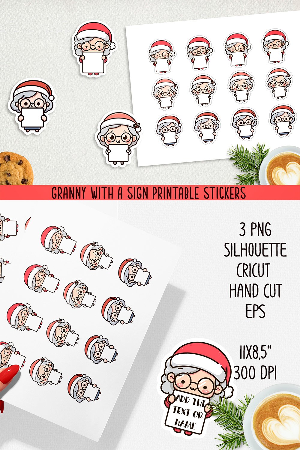 Granny with a sign printable stickers. PNG.