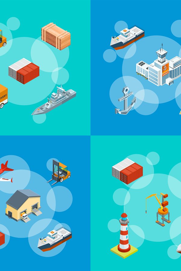 Vector isometric marine logistics and seaport set illustrati