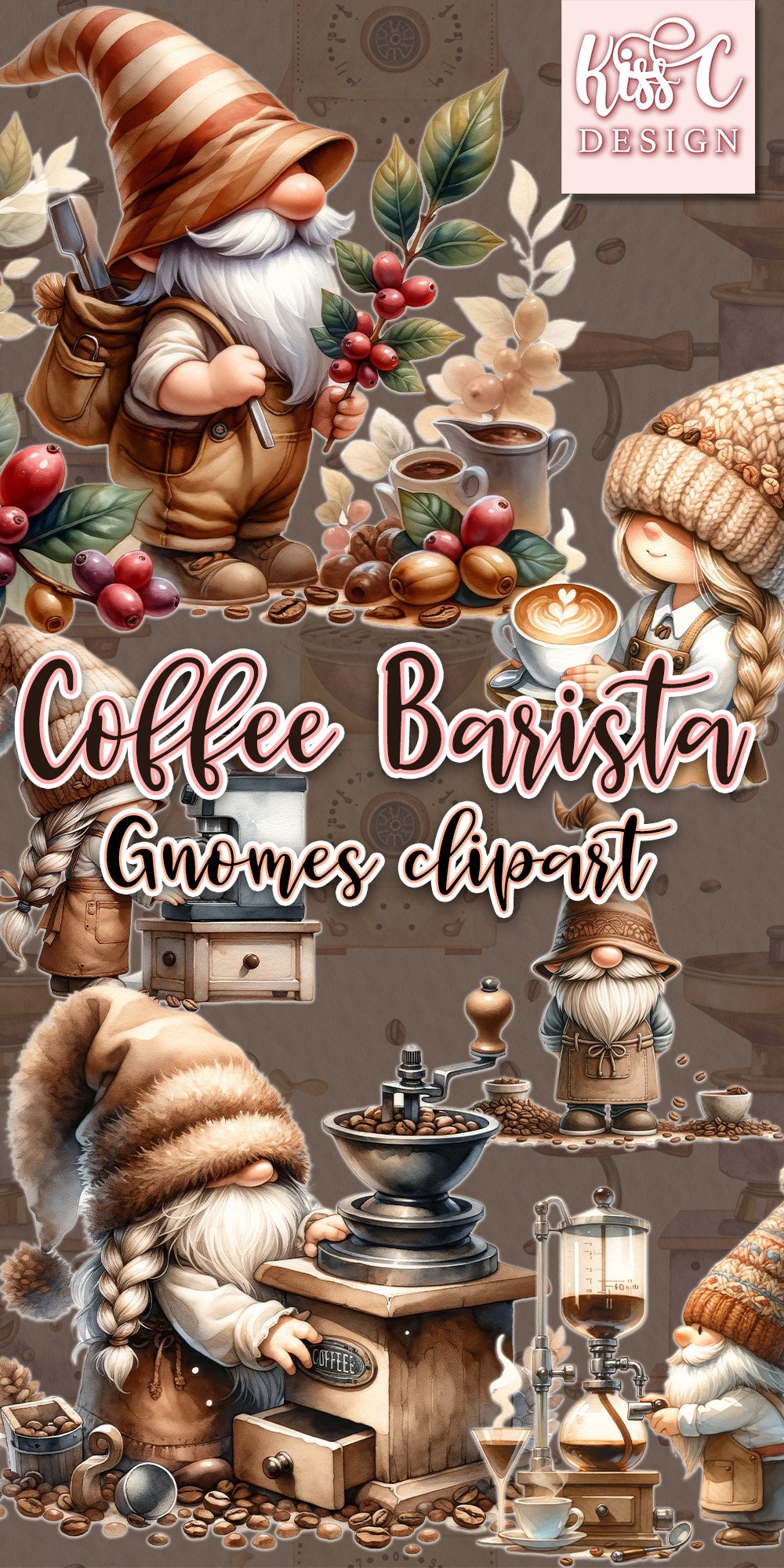 Watercolor Coffee Lover Gnomes PNG Clipart Collection
