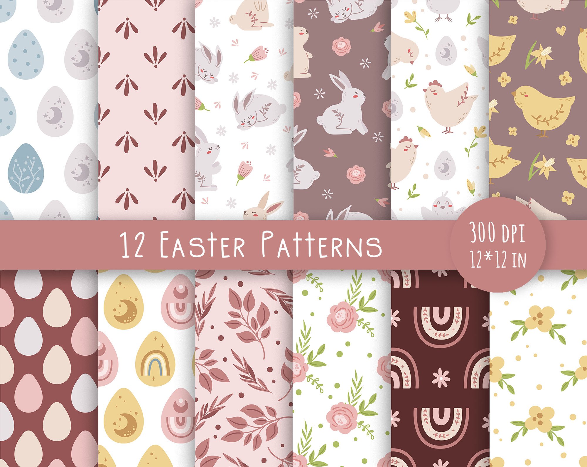 Easter boho seamless patterns, kids Easter digital paper