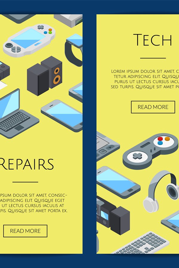 Gadgets banners. Vector isometric gadgets icons web illustra