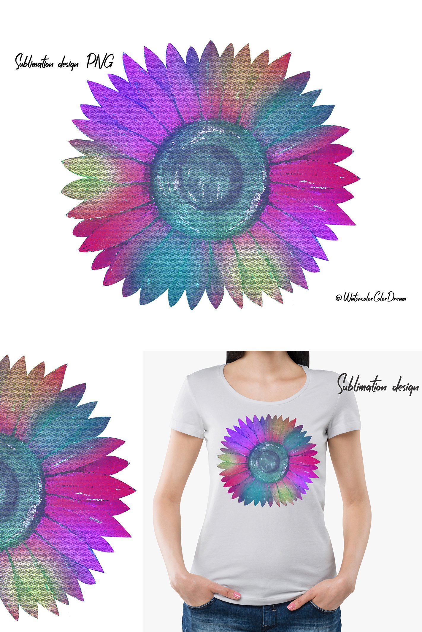 Multicolored sunflower for printing. Sublimation design PNG