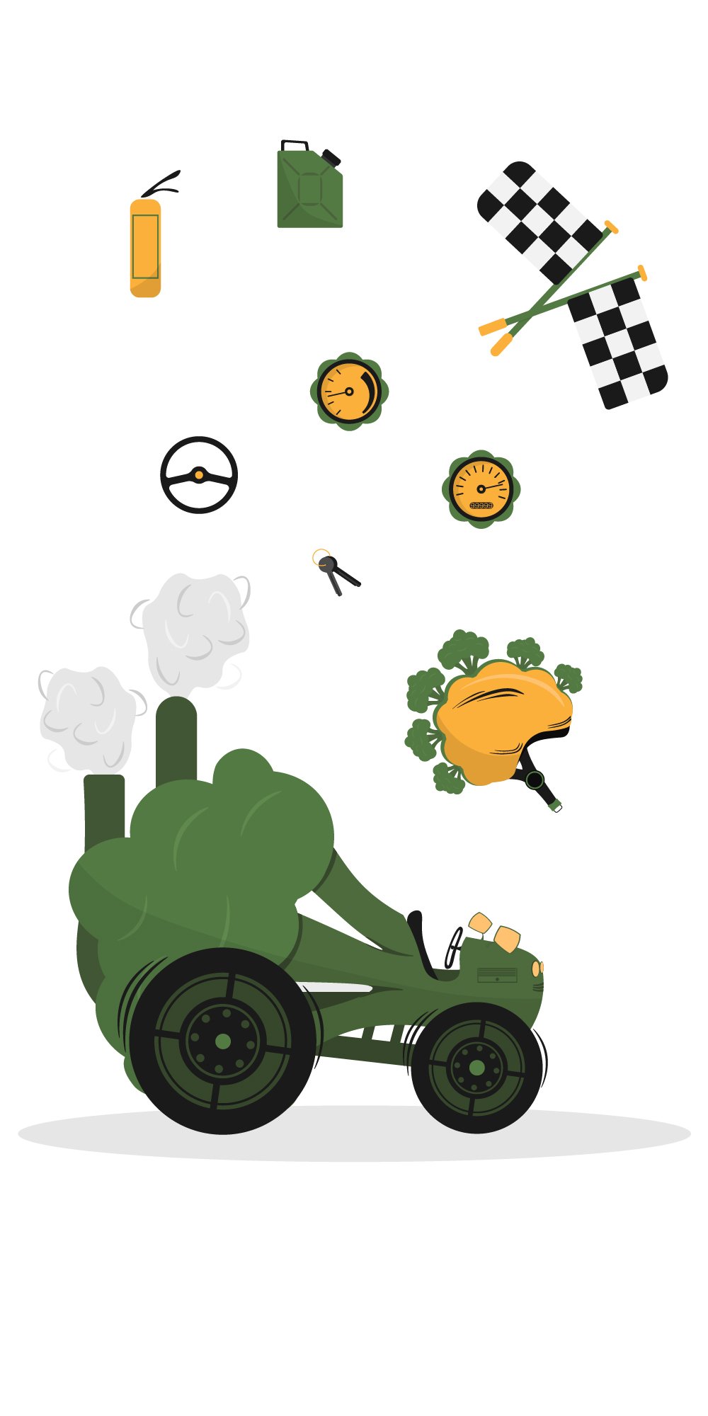 Broccoli car or tractor with stylized racing car accessories