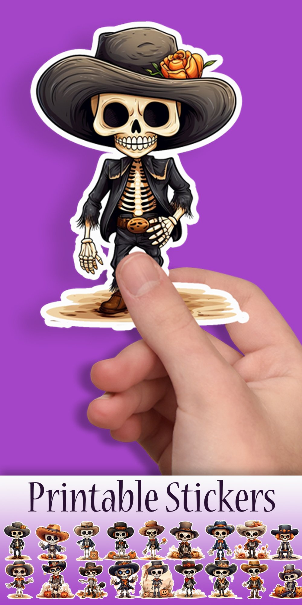 Cute Halloween Stickers Printable - Skeleton Cowboy Stickers