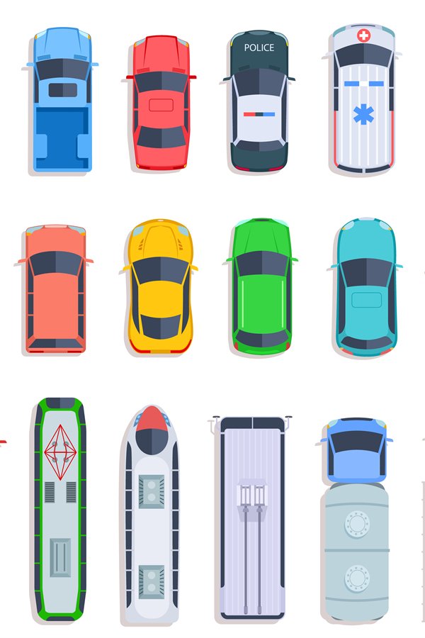 Top view public transport. Taxi and police car, city bus and