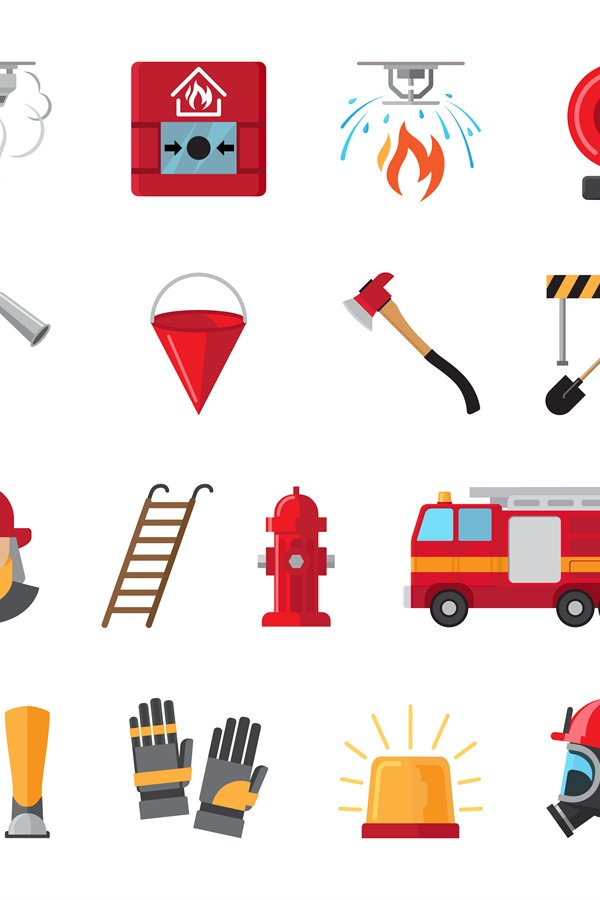 Firefighting equipment flat icons