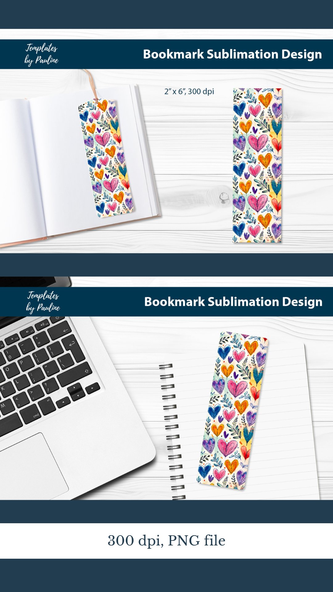 Pink Blue Heart Bookmark Sublimation, Printable Bookmark