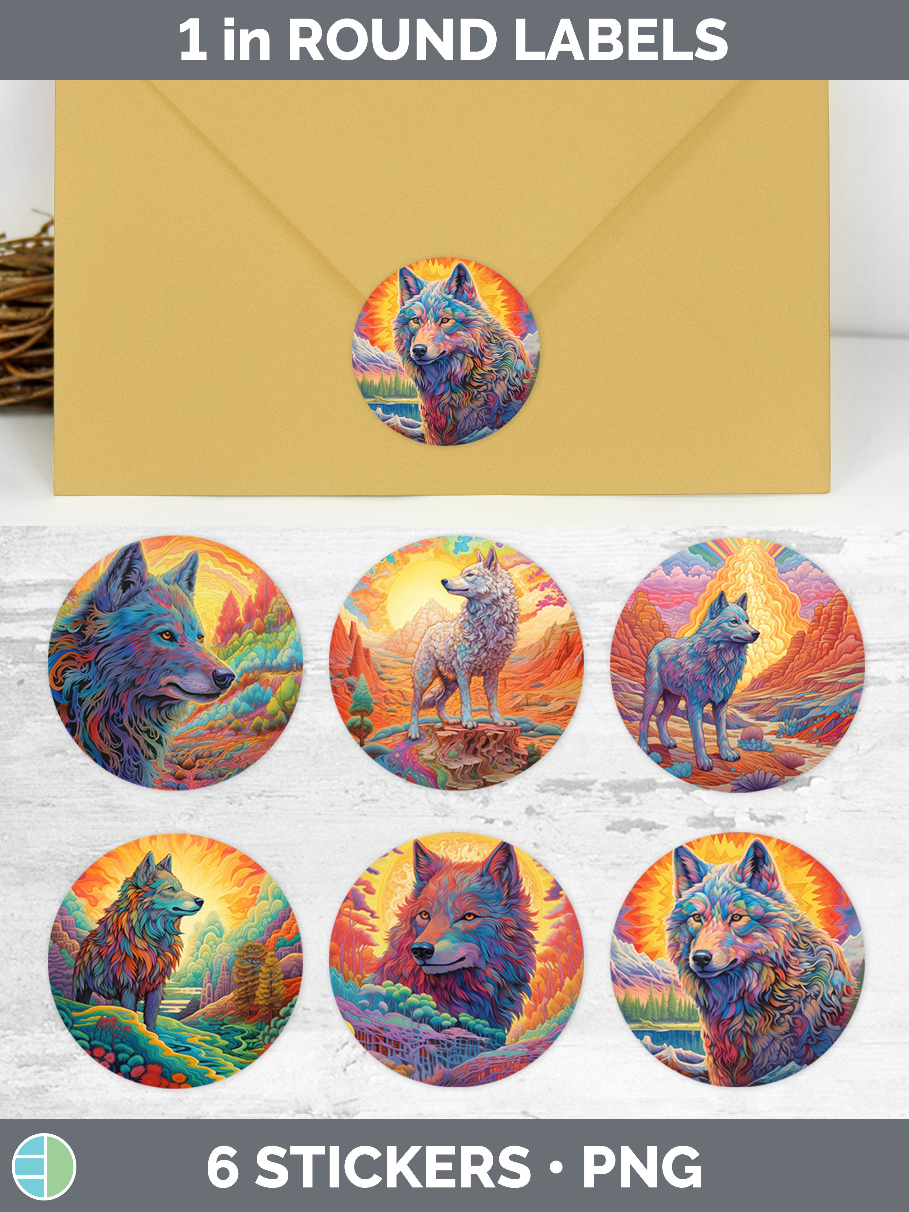 Psychedelic Wolf Stickers | Round Labels Designs Bundle