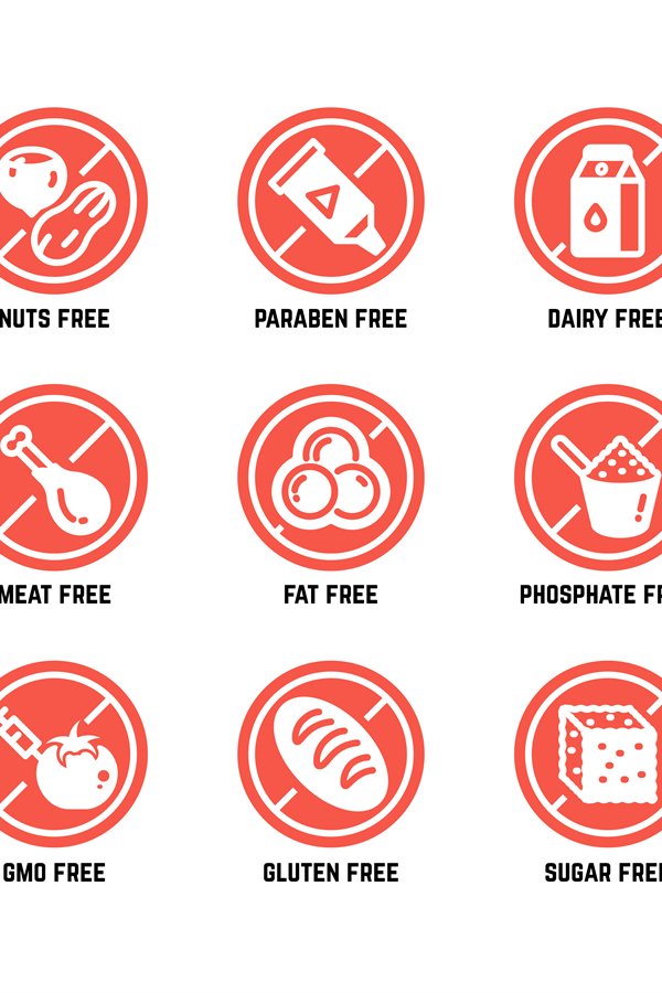 Food dietary symbols. Gmo free, no gluten, sugarless and all