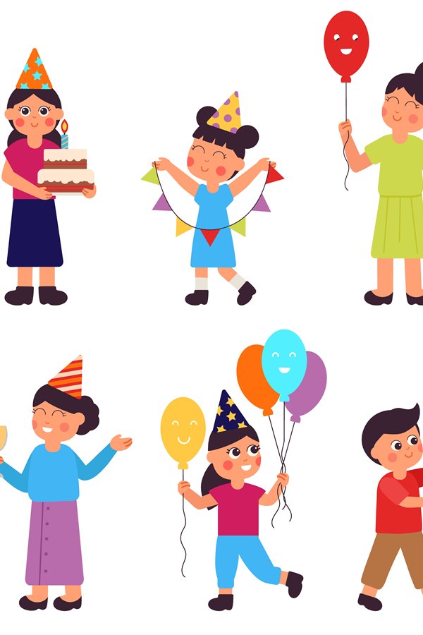 Happy birthday characters. Isolated people group, woman with