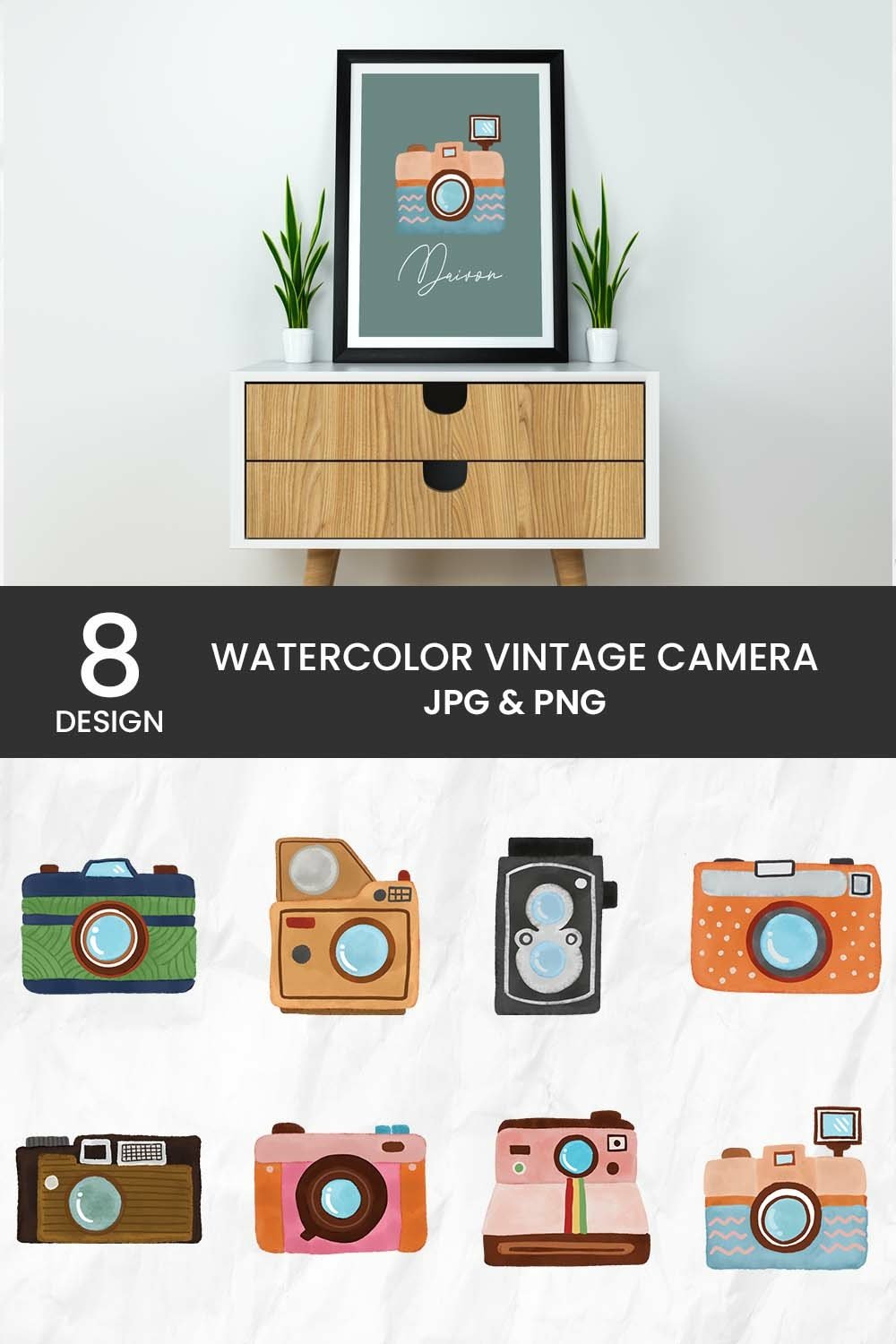 Watercolor Vintage Camera With 8 Variations