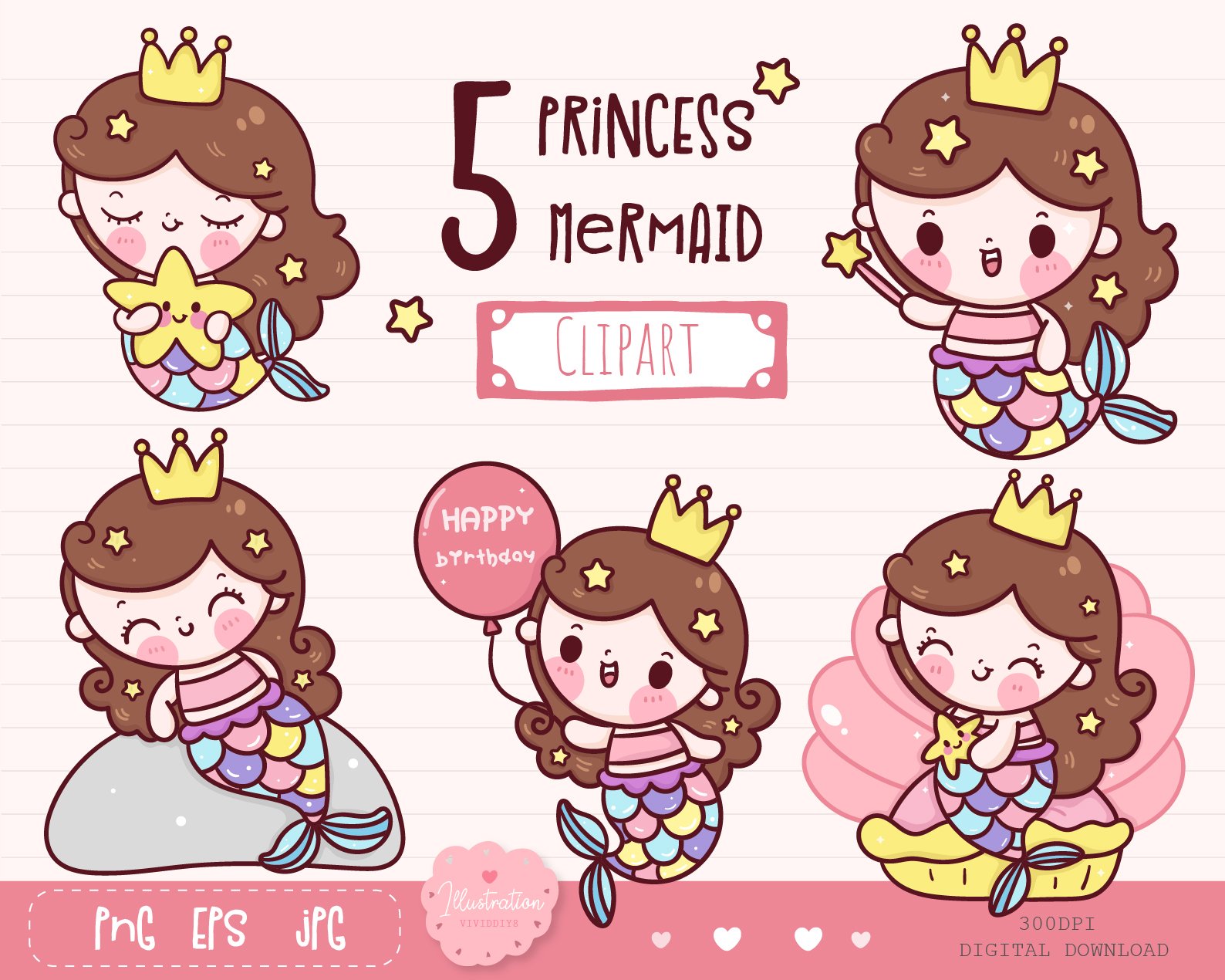 Mermaid princess clipart. cute mermaid print Digital