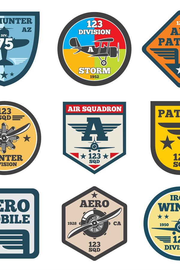 Army jet, aviation, air force vector labels, patch badges, e