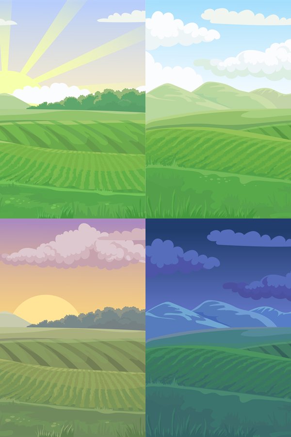 Summer field. Green hill, daytime fields landscape and sprin