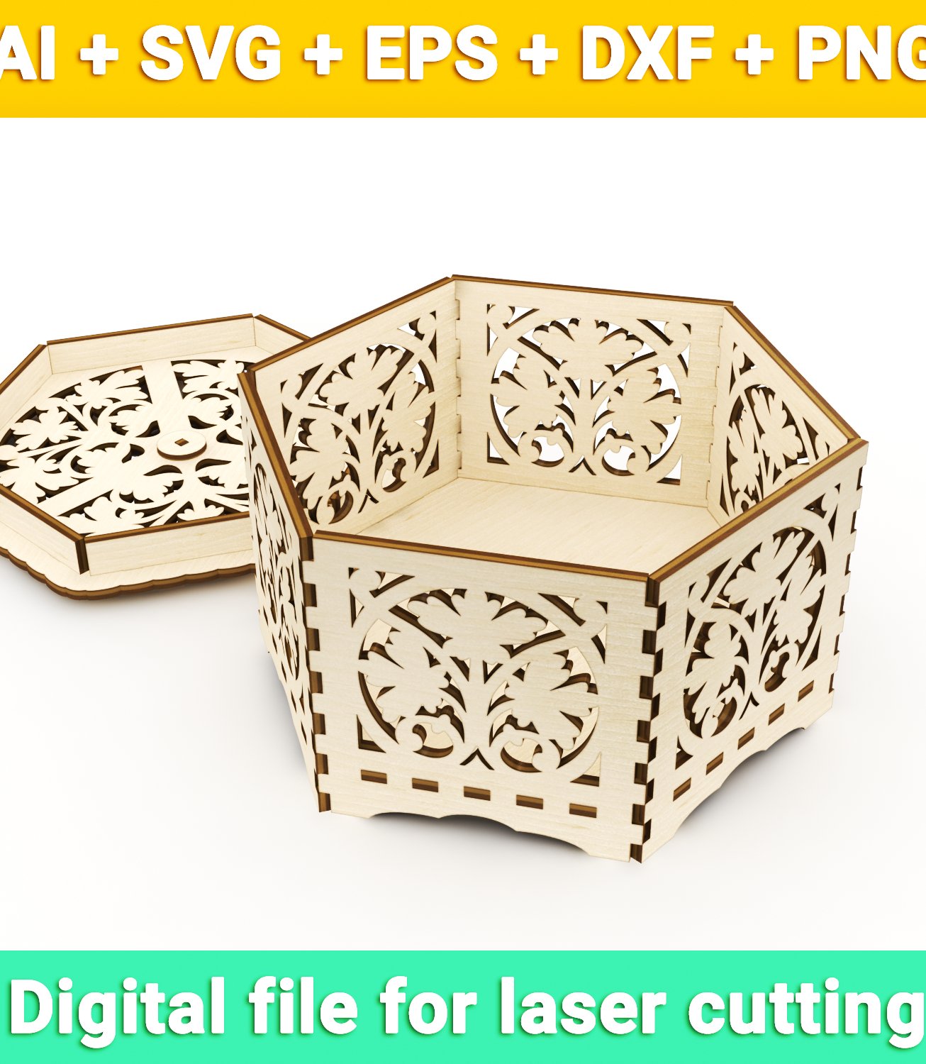 Hexagonal jewelry box with an ornament vector for CNC svg
