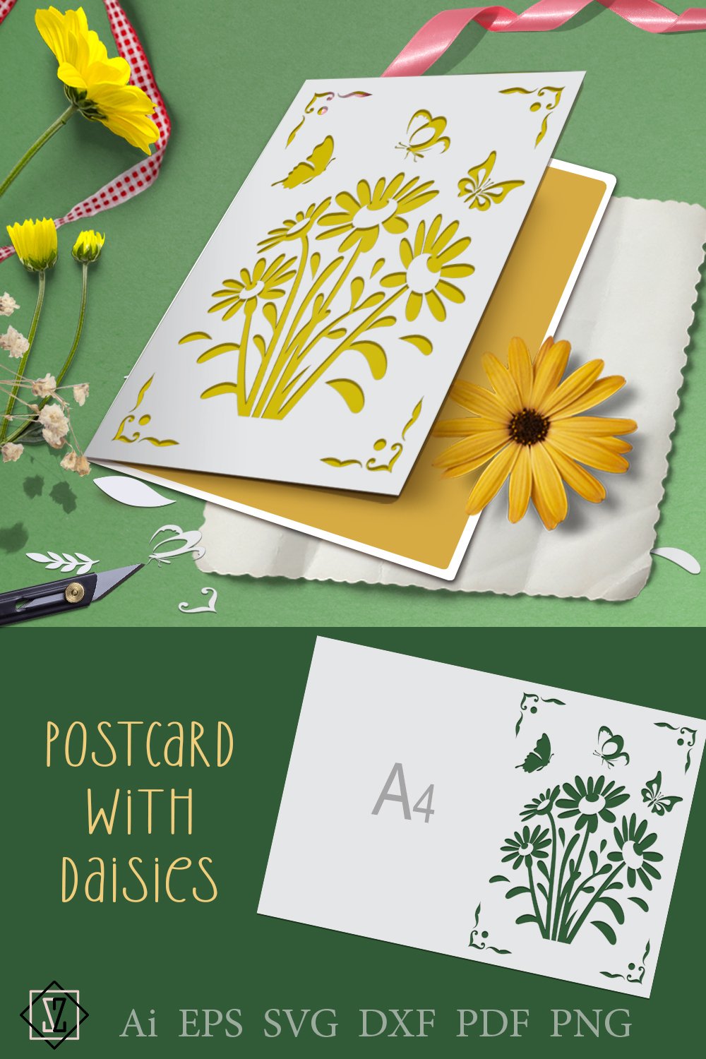 Decorative card with daisies. Cutting File