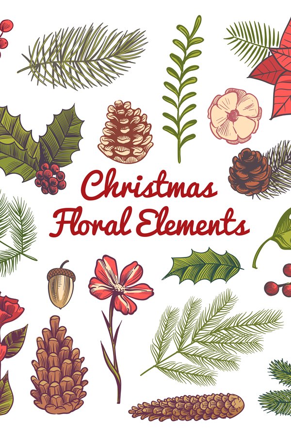 Xmas floral set. Flower christmas decorations, watercolor el