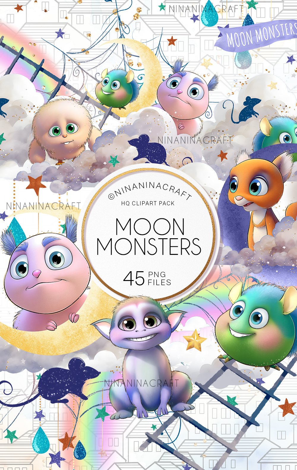 Cute Moon Monsters Clip Art, Fantasy Creatures, Nursery Png