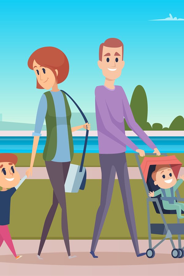 Family walk in city park. Happy parenthood, cute cartoon bab