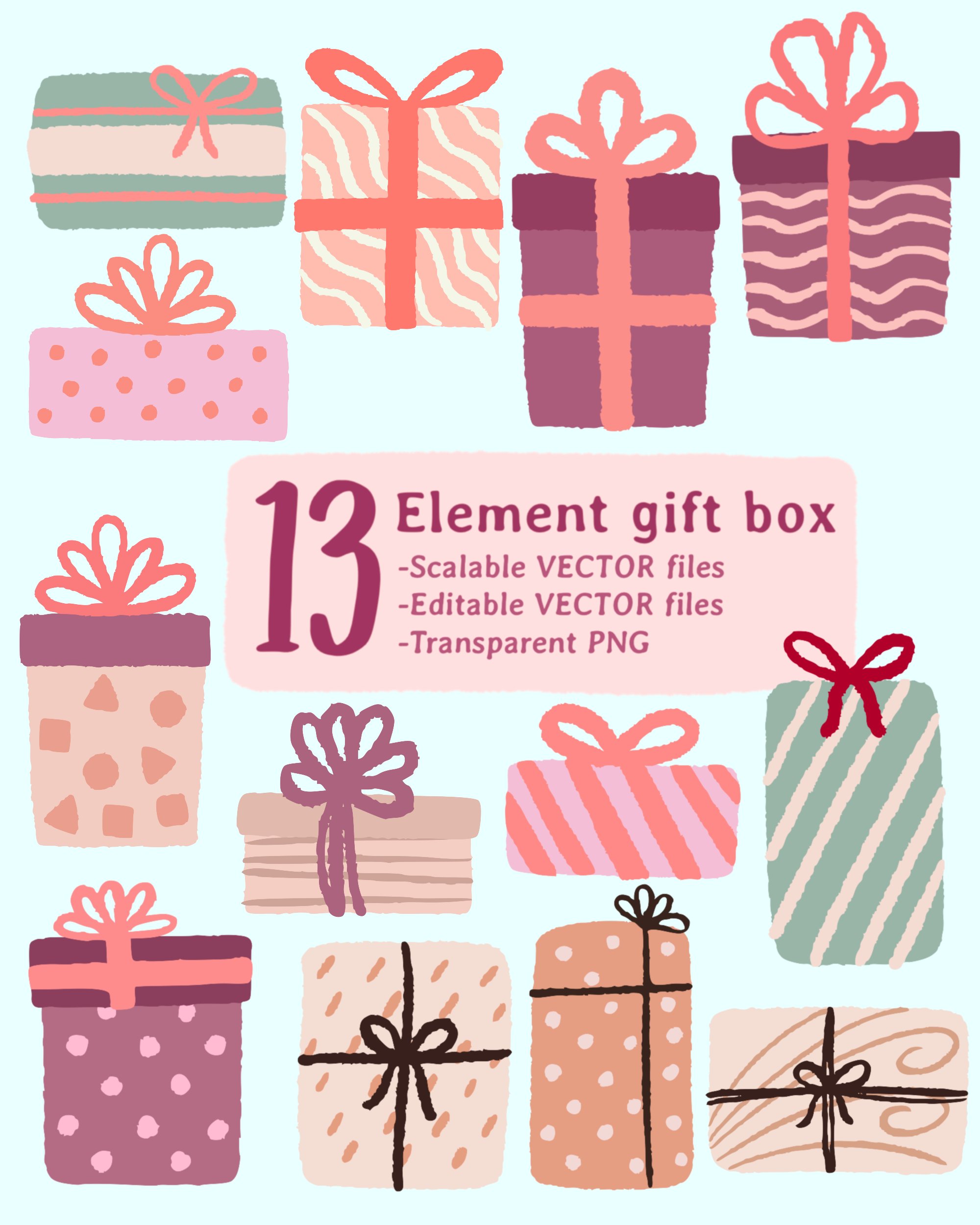 Hand drawn gift box vector set. 13 editable elements