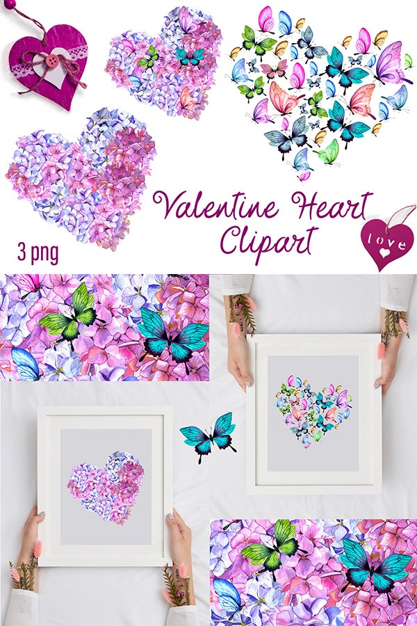 Valentines Day Hearts, Watercolor Hydrangeas and Butterflies
