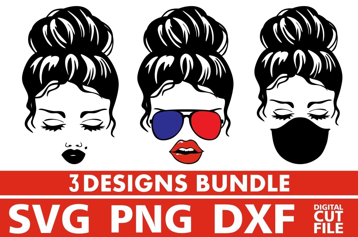 3x Girl In Messy Bun Bundle svg, Face Mask svg, Red Lips svg