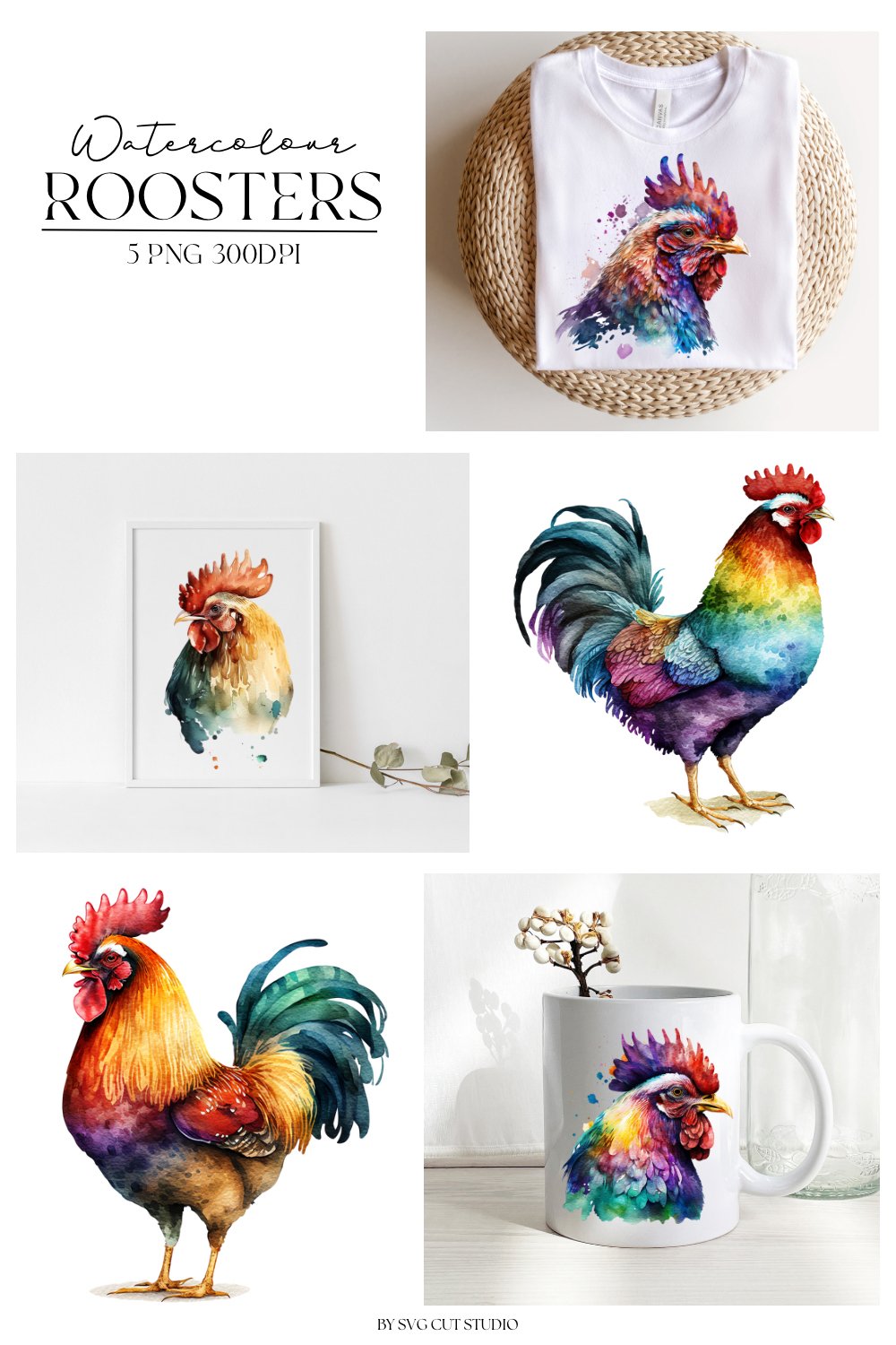 5 Colourful Watercolour Roosters Sublimation PNG Designs