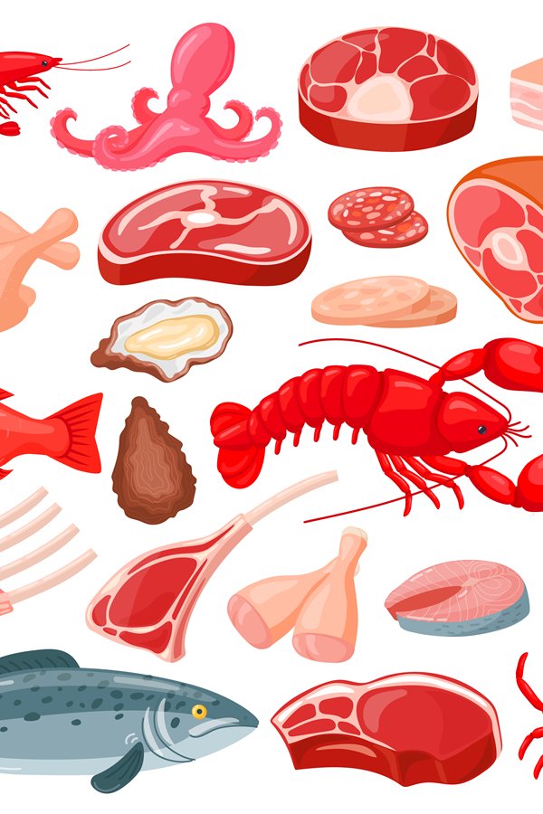 Meat food. Cartoon seafood and butcher shop food, shrimps, s