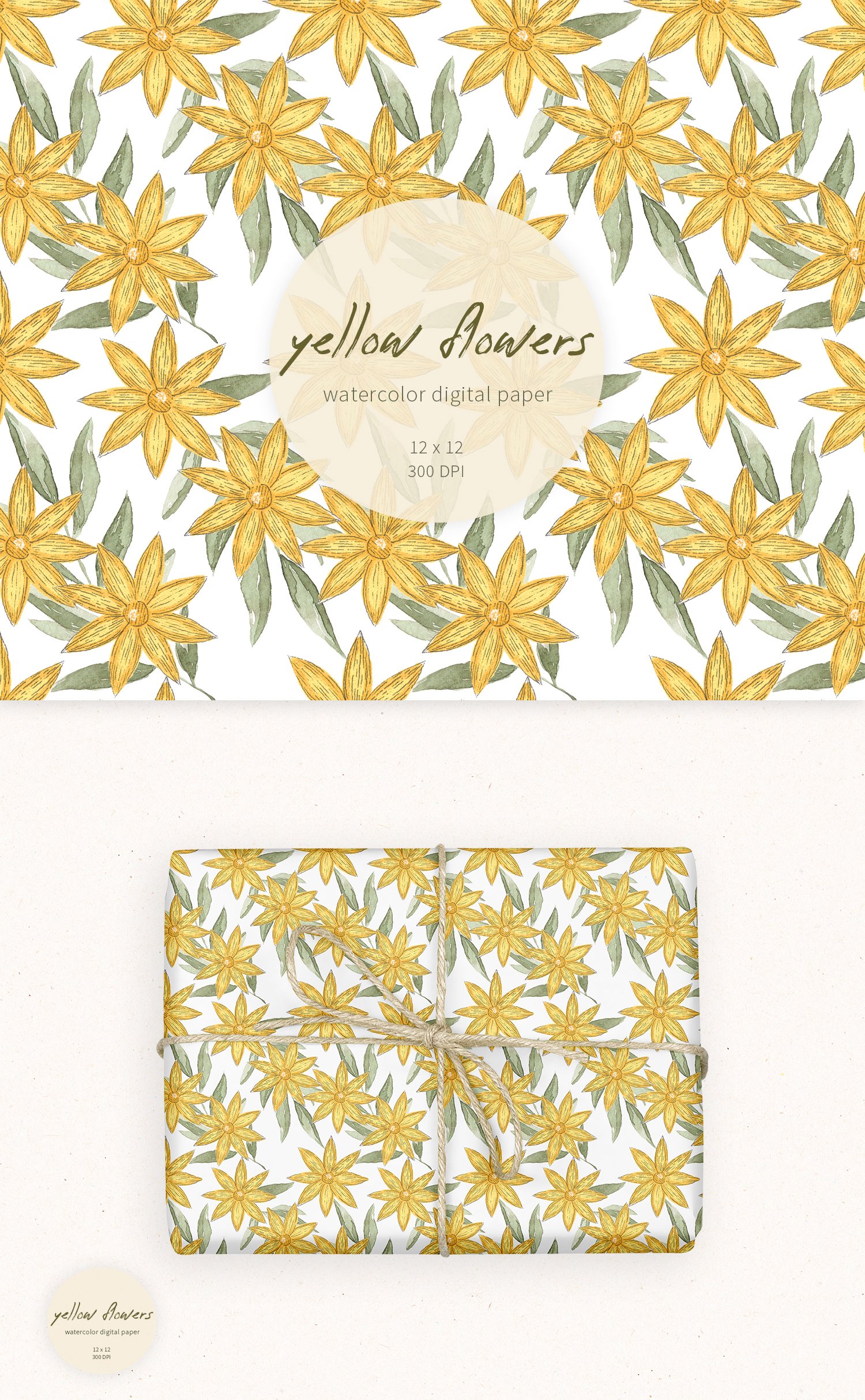 Watercolor yellow flower digital paper. Sunflower background