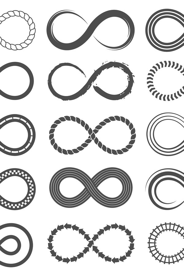 Infinity symbols. Endless loop shape, unlimited signs, eight