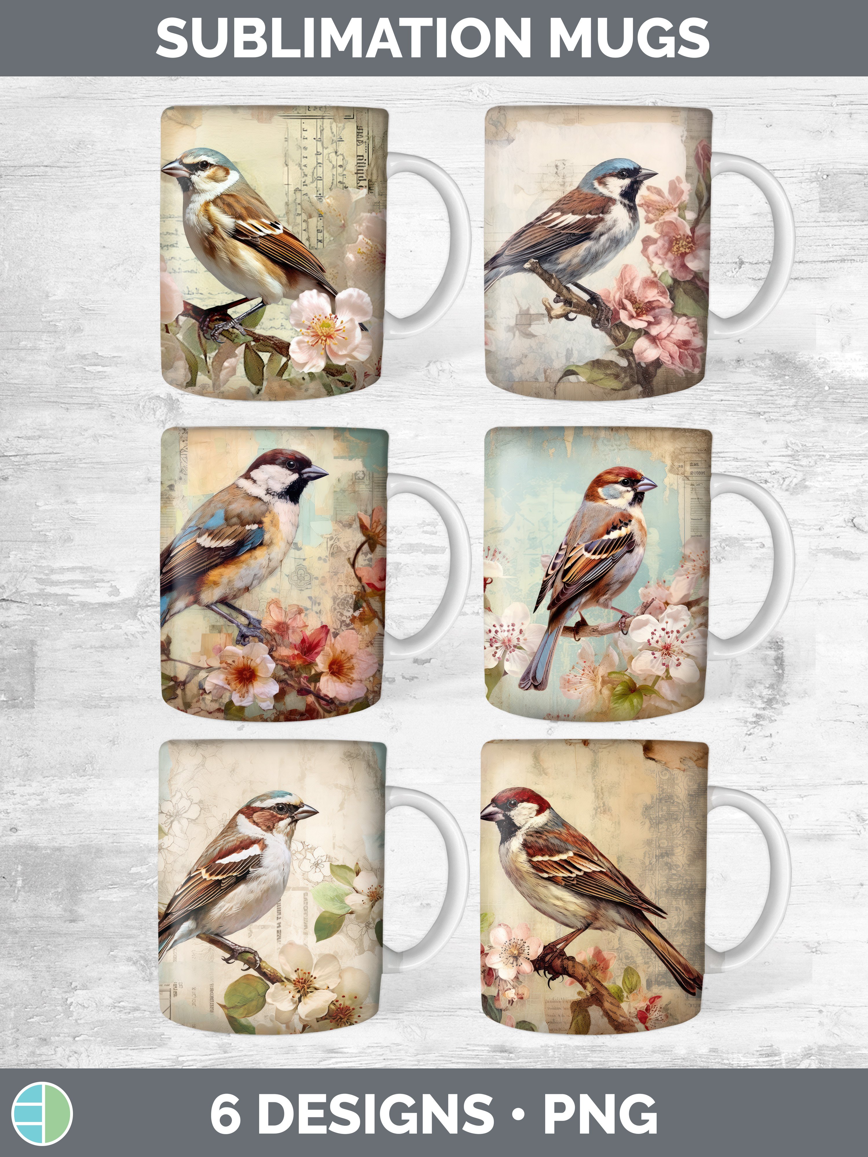 Vintage Sparrow Bird Mug Wrap | Sublimation Coffee Cup Desig