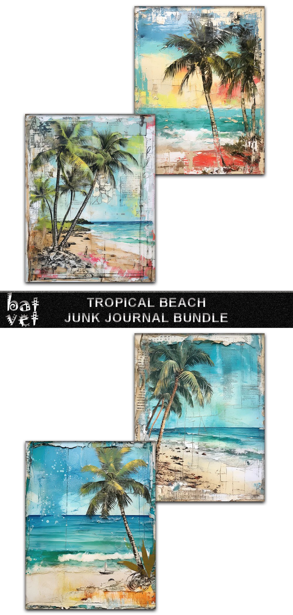 Tropical Beach Junk Journal Palm Trees Collage Paper PNG