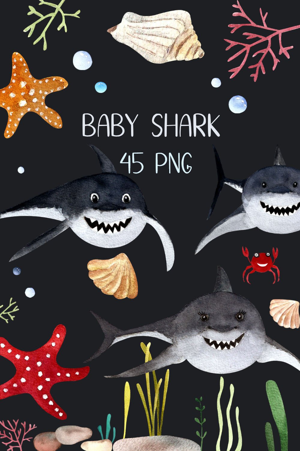 Watercolor baby shark clipart. PNG