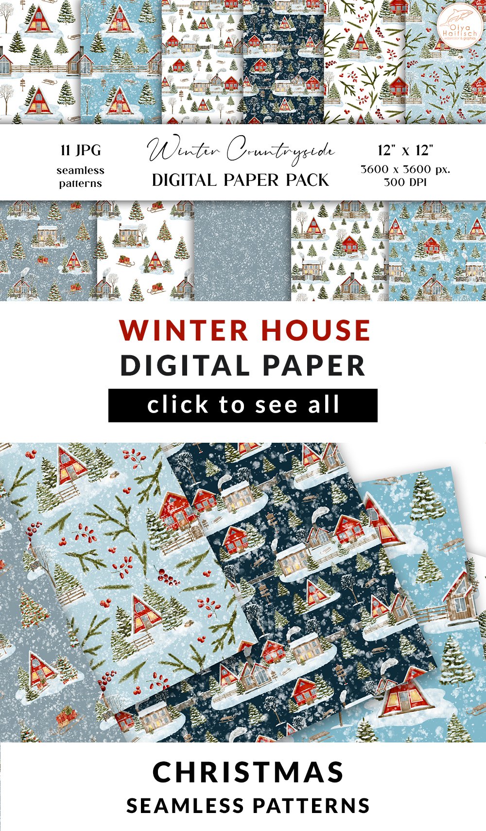 Christmas Digital Paper. Watercolor Winter Seamless Patterns