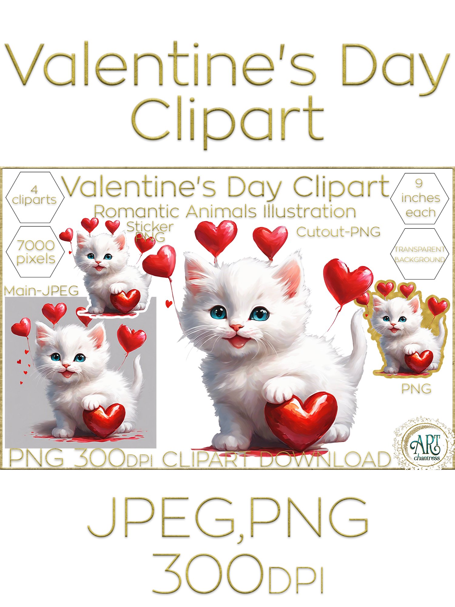 Valentines Day Animal Clipart Cute White Cat Heart Balloon