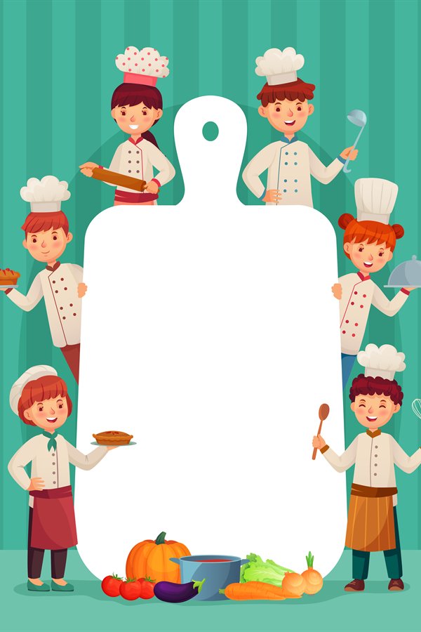 Kids menu frame. Children chefs cook with cutting board, res
