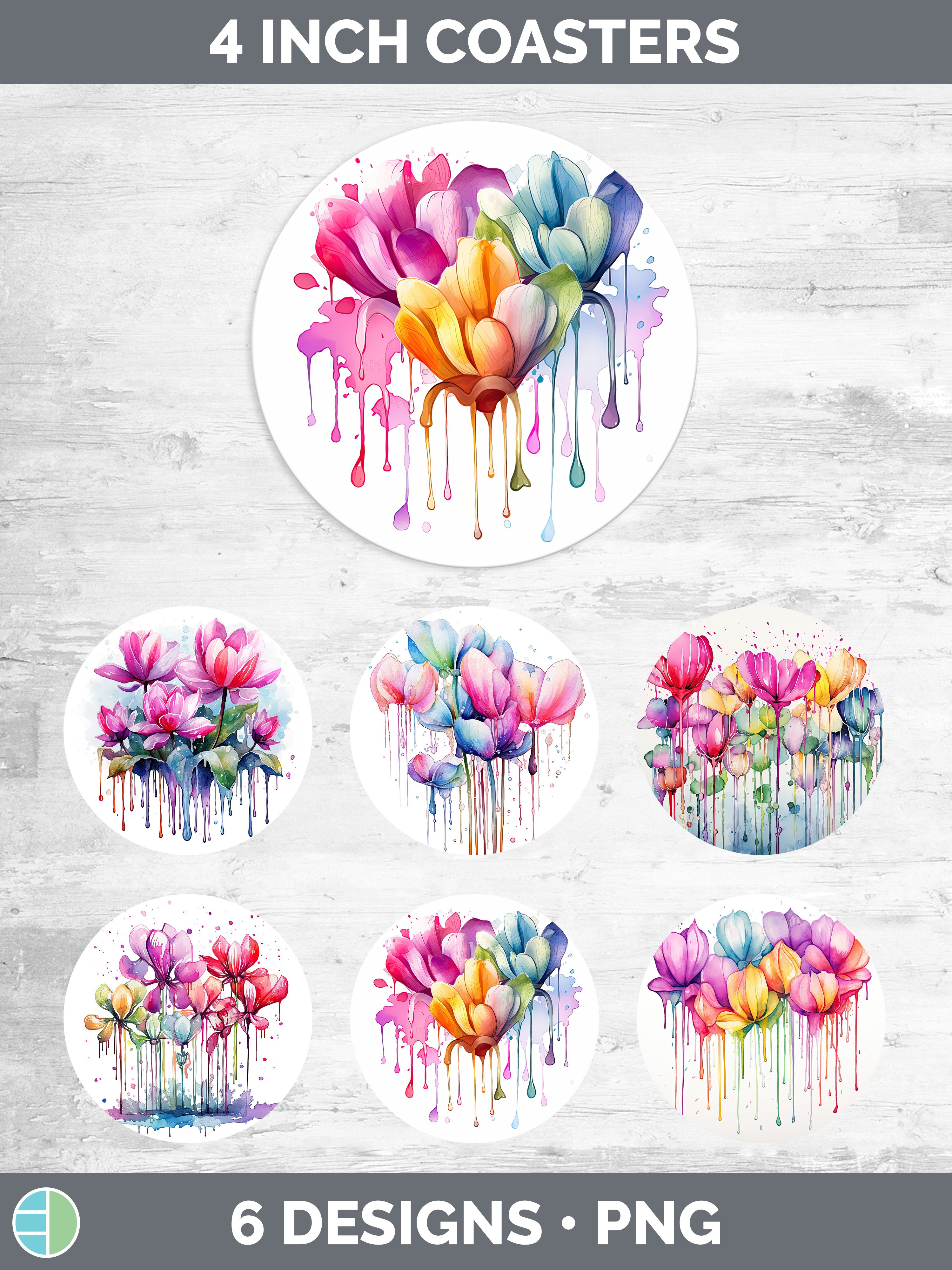 Splat Rainbow Cyclamen Flowers Round Coaster | Bundle Coaste