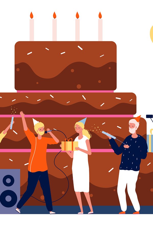 People with cake. Family celebration characters dancing and