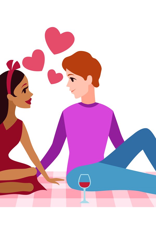 Romantic date. Cartoon young couple characters on picnic, ma