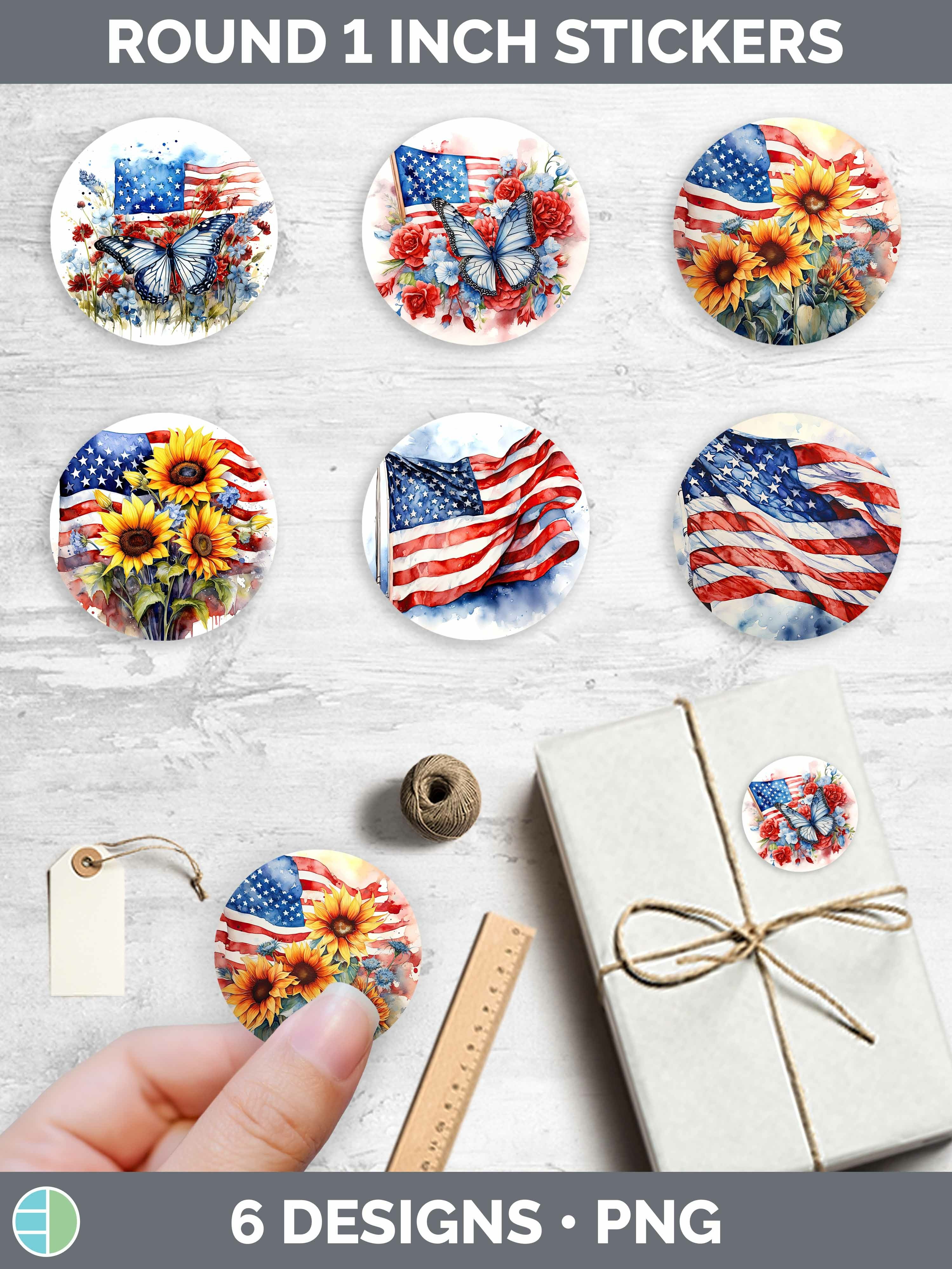 Watercolor USA Flag Stickers | Round Labels Bundle