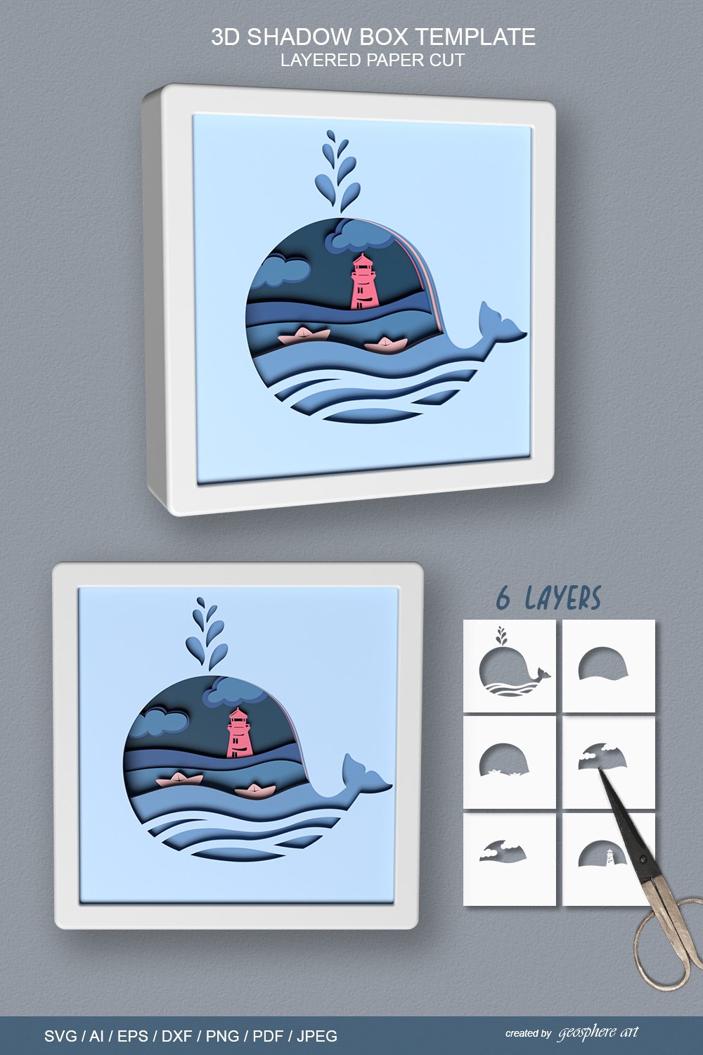 3D Whale Layered papercut SVG Shadow box template / DXF